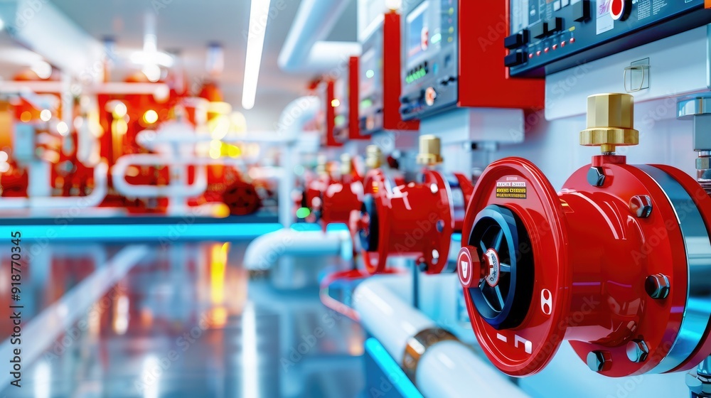 Modern industrial fire suppression system with red control valves and ...