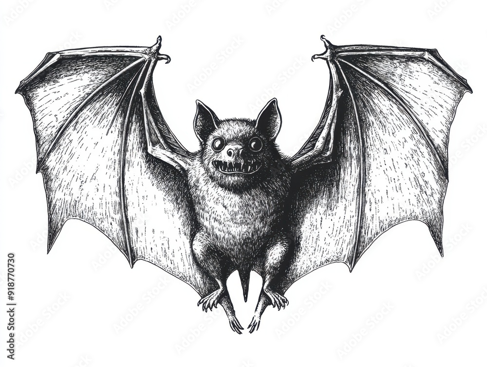 Black and white Vintage engraved art of a vampire bat with its wings ...