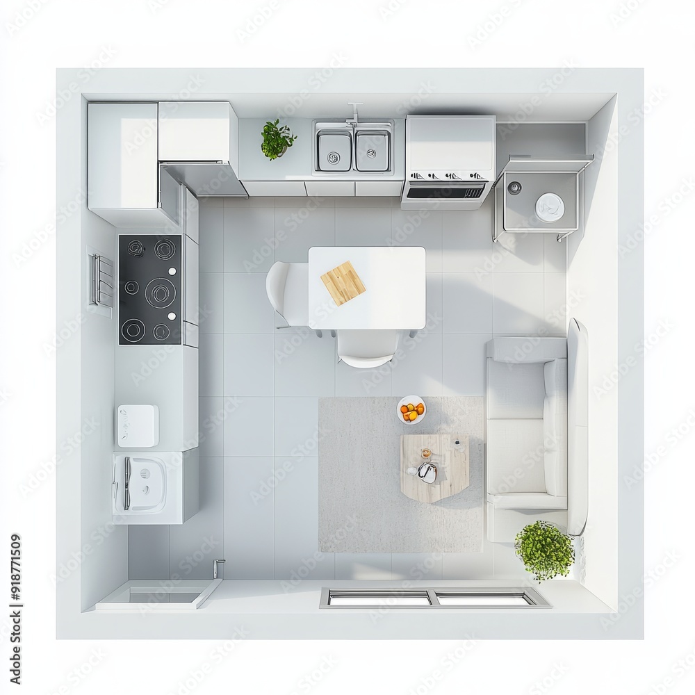 3D Render of a small apartment kitchen with efficient layout, compact ...