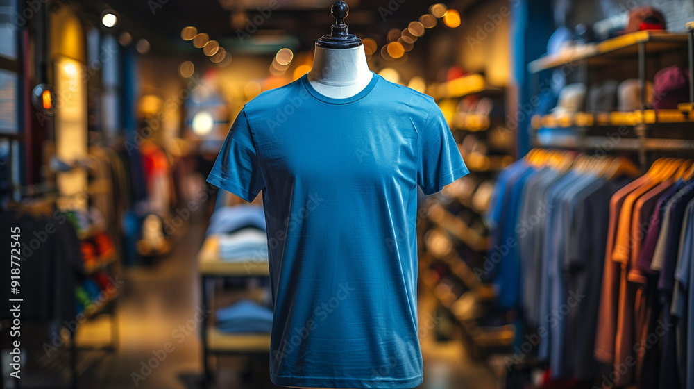 Blue plain t-shirt mockup in store displayed on mannequin, clothing ...