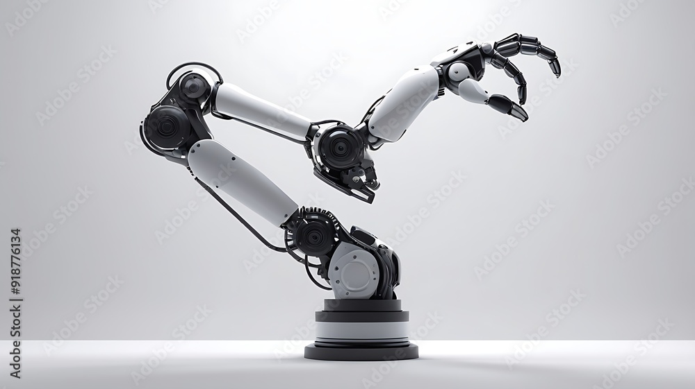 White robotic arm with open hand reaching down, Suitable for technology ...