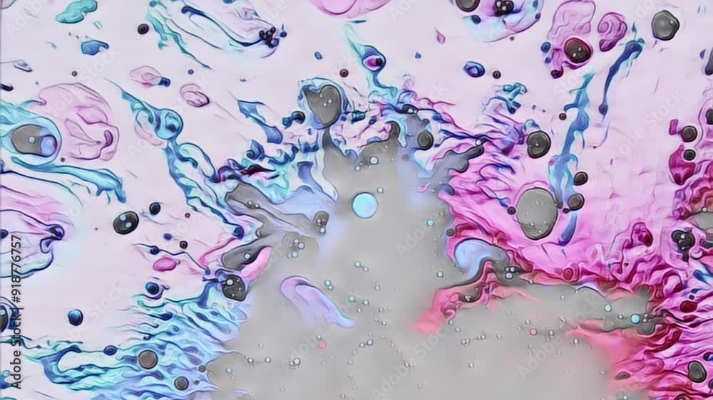 Paint splash. Blue pink ink splatter motion with bubbles flow acid ...
