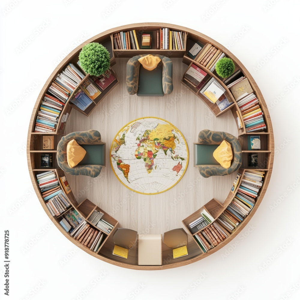 Top down view, 3D Render of a travel library with maps, travel guides ...