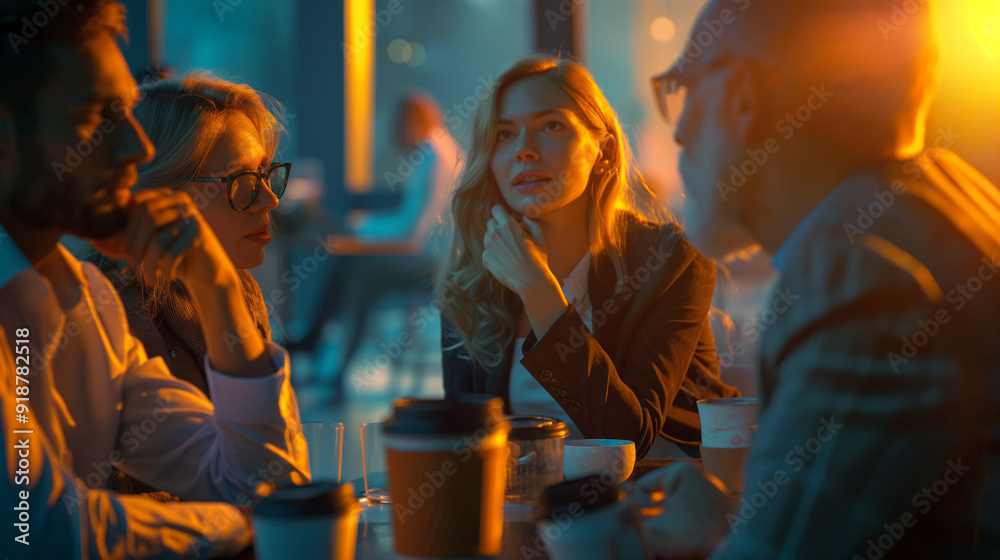 Four people sitting around a table, talking and drinking coffee. It's a ...