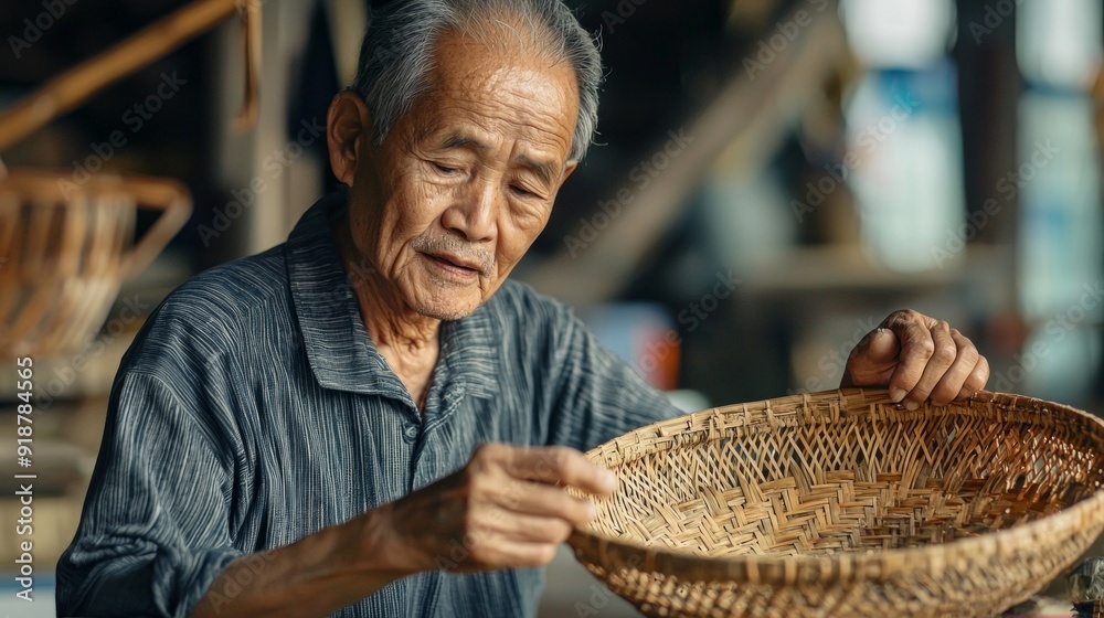 Asia life old man uncle grandfather working in home. Man elderly ...