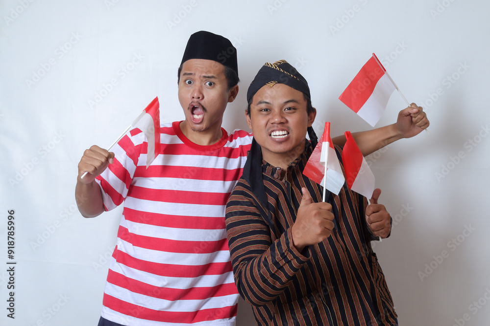 Portrait of two cheerful Asian man from Javanese and Madurese tribes ...
