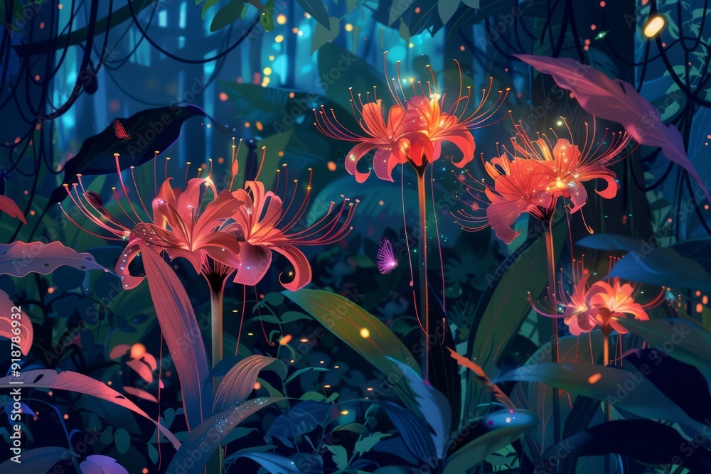 Lycoris radiata.Red spider lily.Red magic lily.Equinox flower.A vibrant, ethereal illustration ...