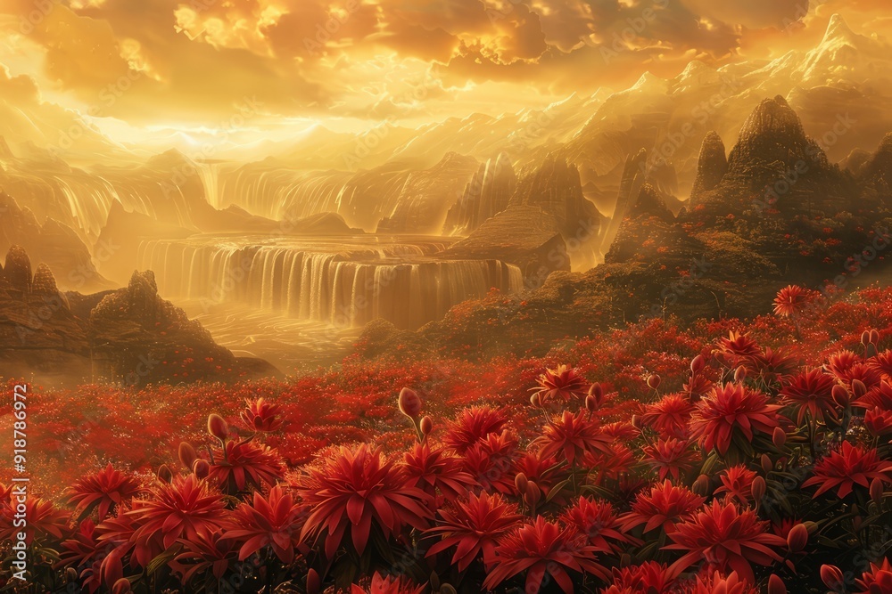 Equinox flower.Lycoris radiata.Red spider lily.Red magic lily.A surreal depiction of a vast ...