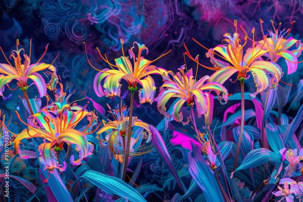 A psychedelic, abstract artwork where Lycoris radiata flowers are ...