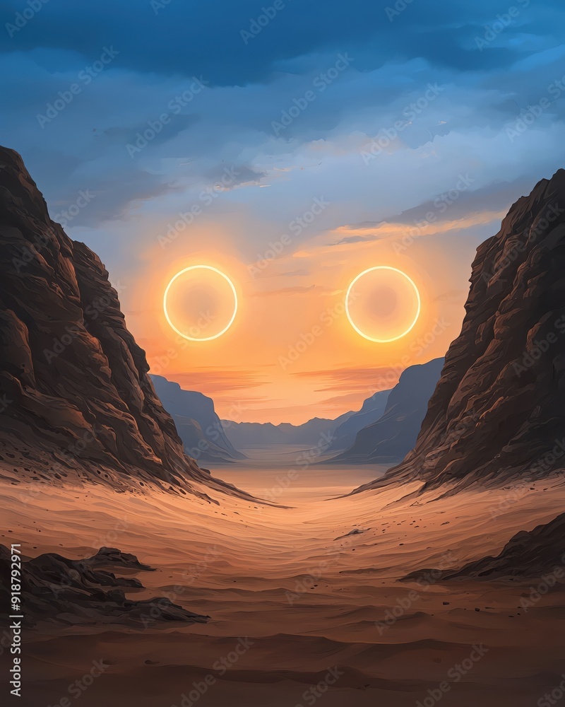 A breathtaking desert scene featuring two suns setting between majestic ...