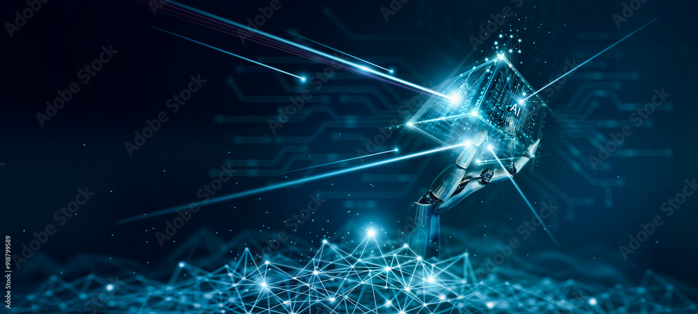 Blockchain technology concept, AI, Hand of robot hold a abstract ...