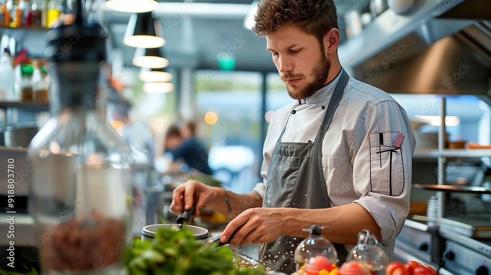 A young chef dressed in a gray apron works inside the kitchen of a ...