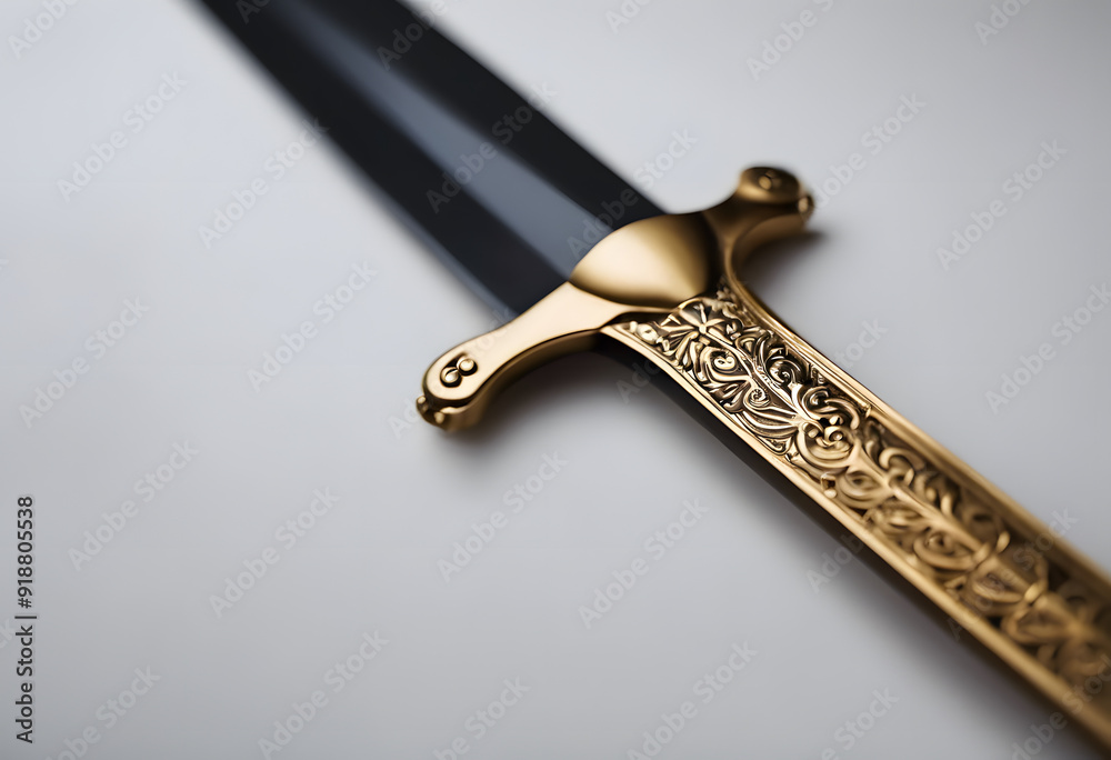 A close-up view of a beautifully crafted sword with a shiny blade and ...