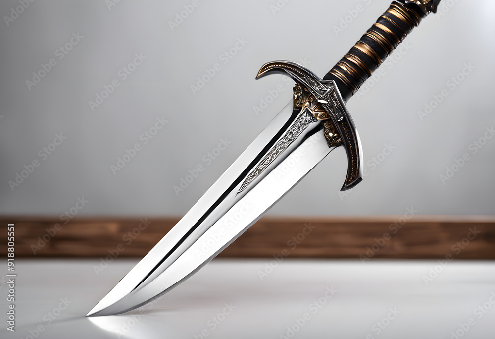 A close-up view of a beautifully crafted sword with a shiny blade and ...