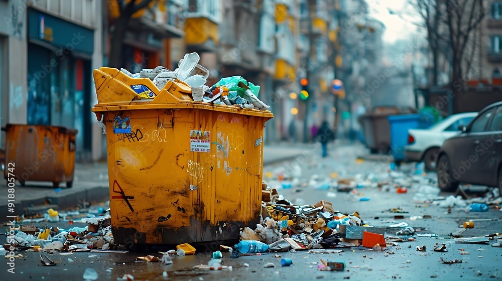 A waste container overflowed A steel industrial with rubbish on the ...
