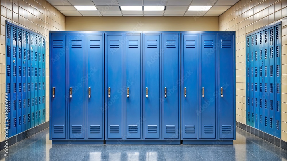 Single open empty blue metal locker in high school hallway, school ...
