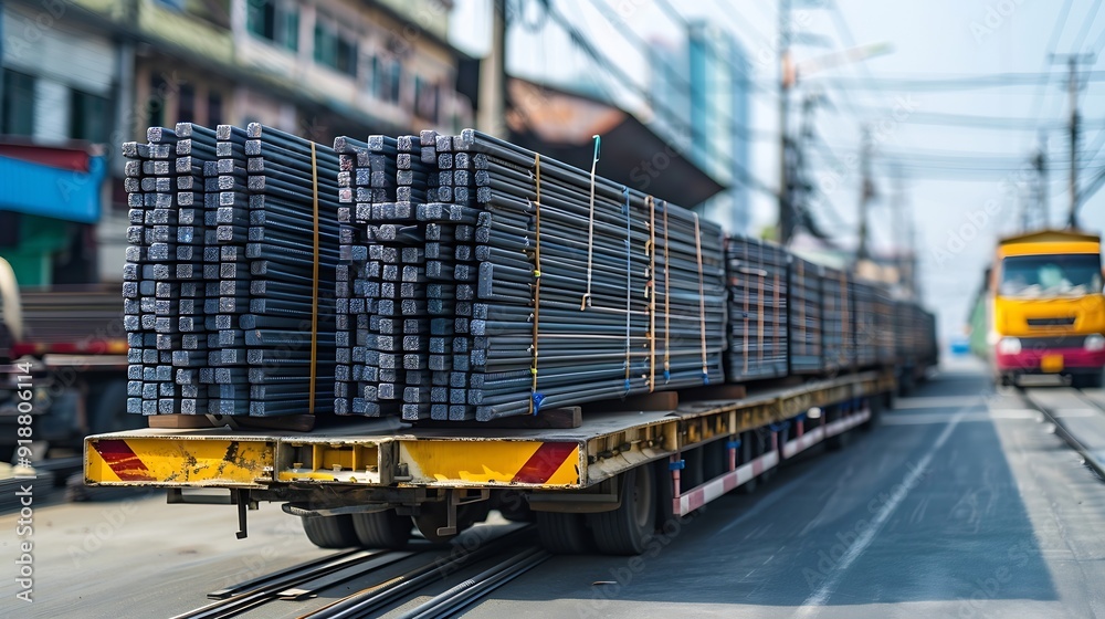 Trucks with long trailers carrying steel bars for building construction ...