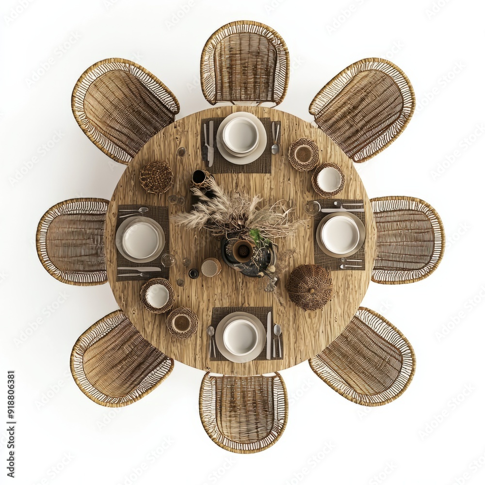 Top down view, 3D Render of a bohemian dining room with a unique table ...