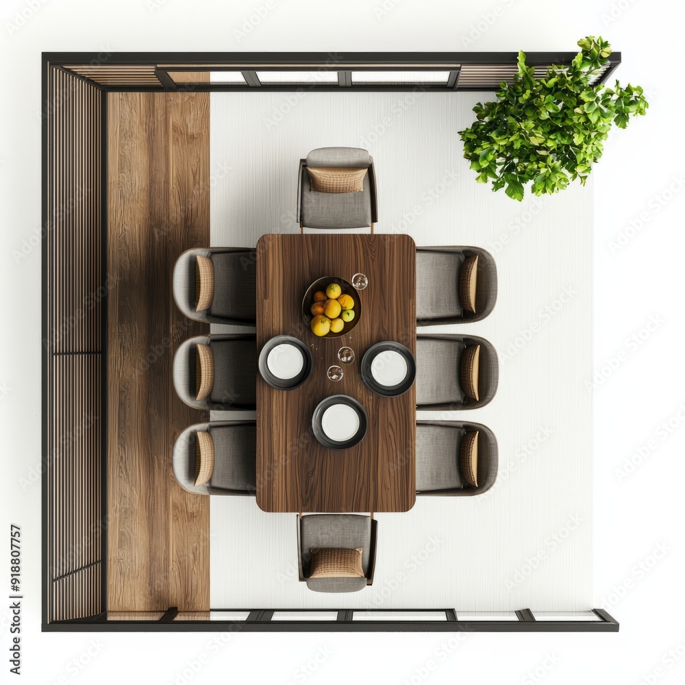Top down view, 3D Render of a dining room with a built-in table, floor ...