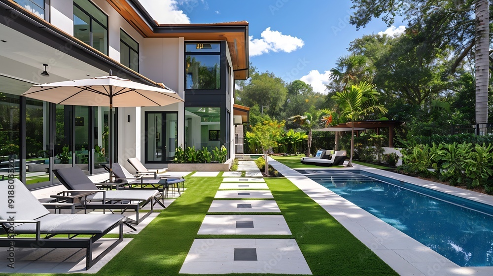 Florida USA September Backyard of a modern house with swimming pool ...