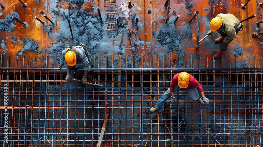 Construction workers during installation of steel gratings for the ...