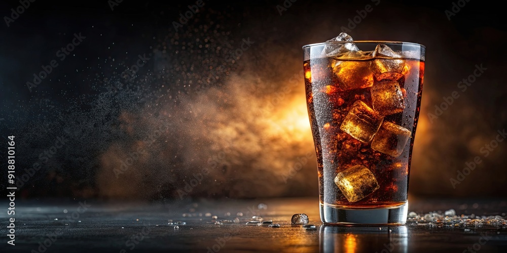 Refreshing cold coke in a glass with condensation, bubbles, and ice ...
