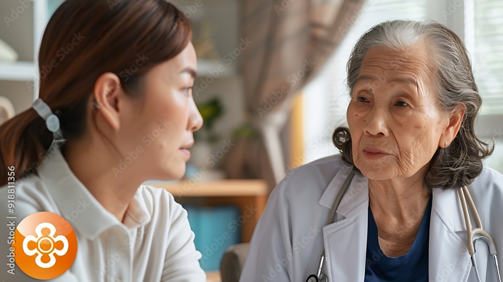 Caucasian woman and elderly Asian woman discuss kidney model issues ...