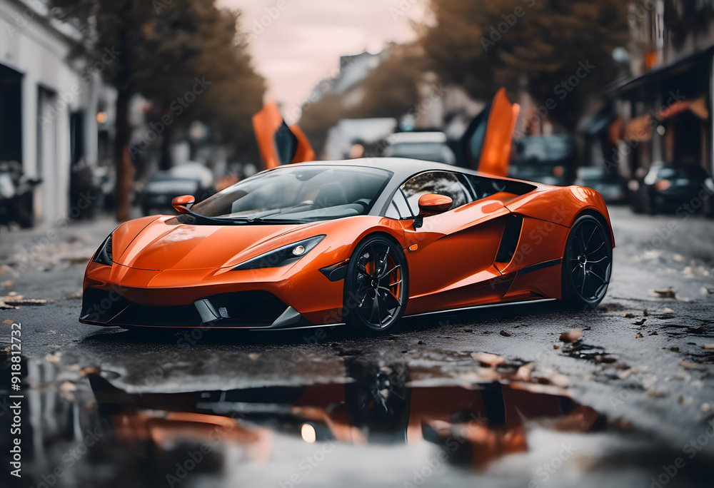 A sleek orange sports car with a low profile, featuring sharp lines and ...
