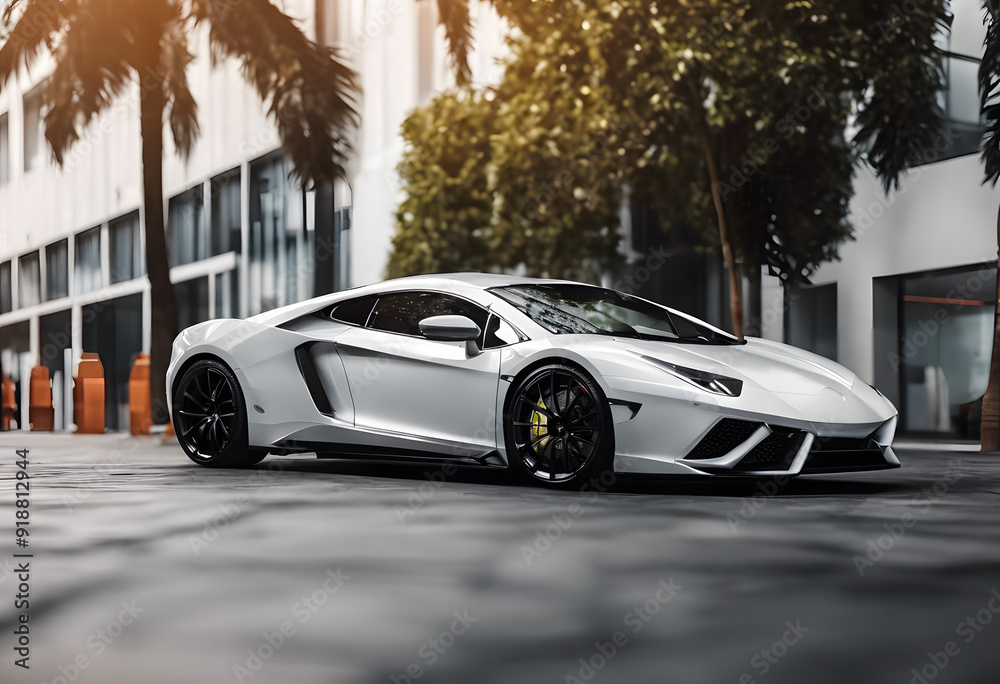 A sleek white sports car with a low profile, featuring sharp lines and ...