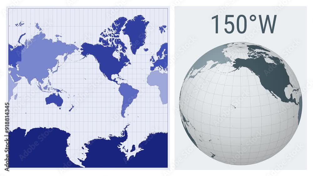 World Map Animation. Spherical Mercator projection. Colored continents ...