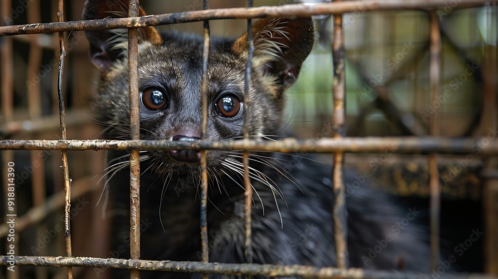 Closeup pandanus civet or weasel in cage Civet cat animal in captivity ...
