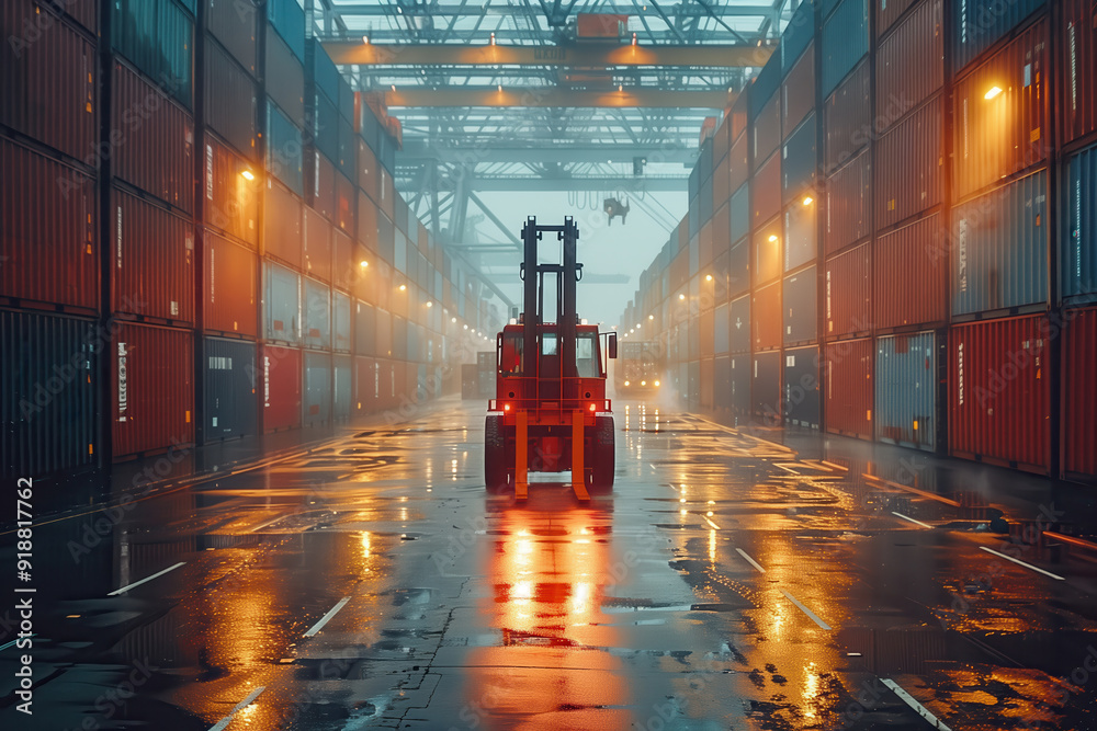 Forklift Navigating Container Yard at Night. Forklift navigates a ...