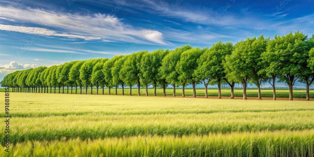 Rows of lush trees in a wheat field serving as a windbreak and boundary ...