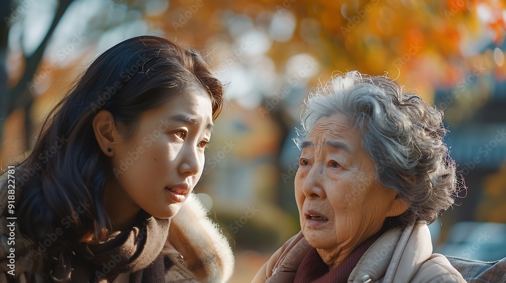 Caucasian woman and elderly Asian woman discuss kidney model issues ...