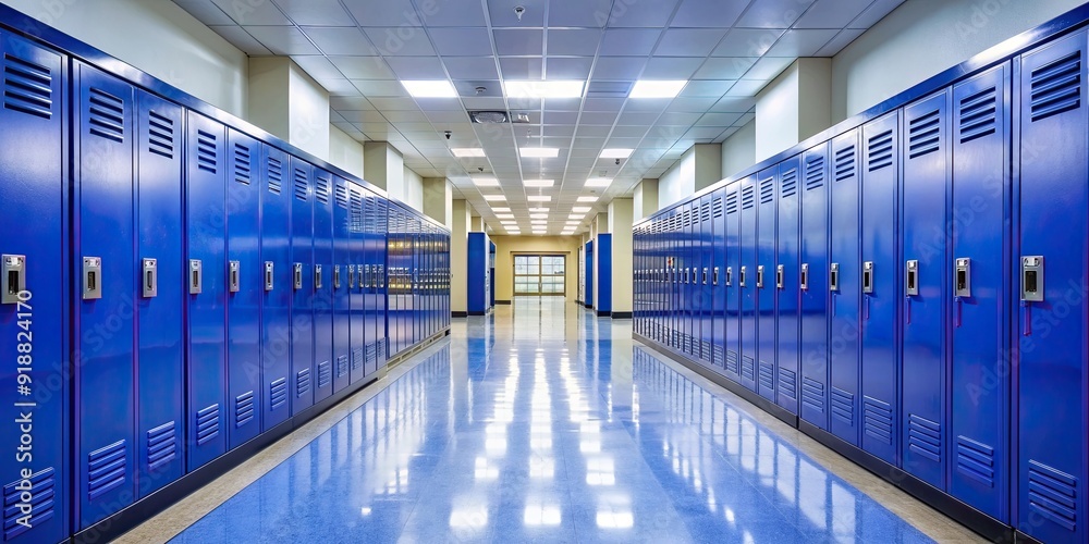 Empty school hallway with royal blue metal lockers , school, hallway ...