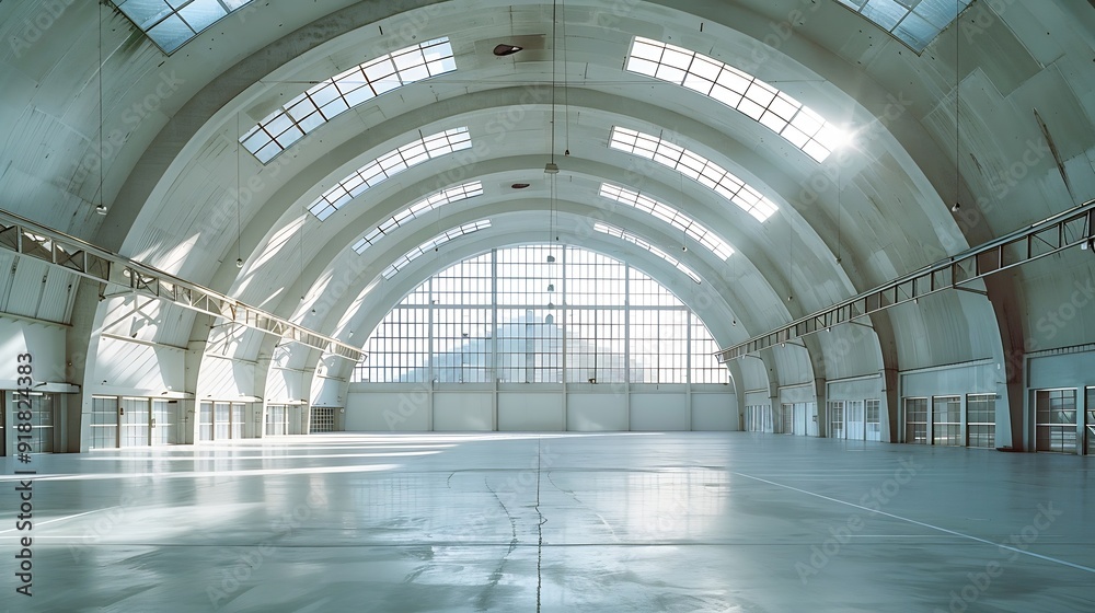 Huge empty industrial warehouse building White interior Hemispherical ...