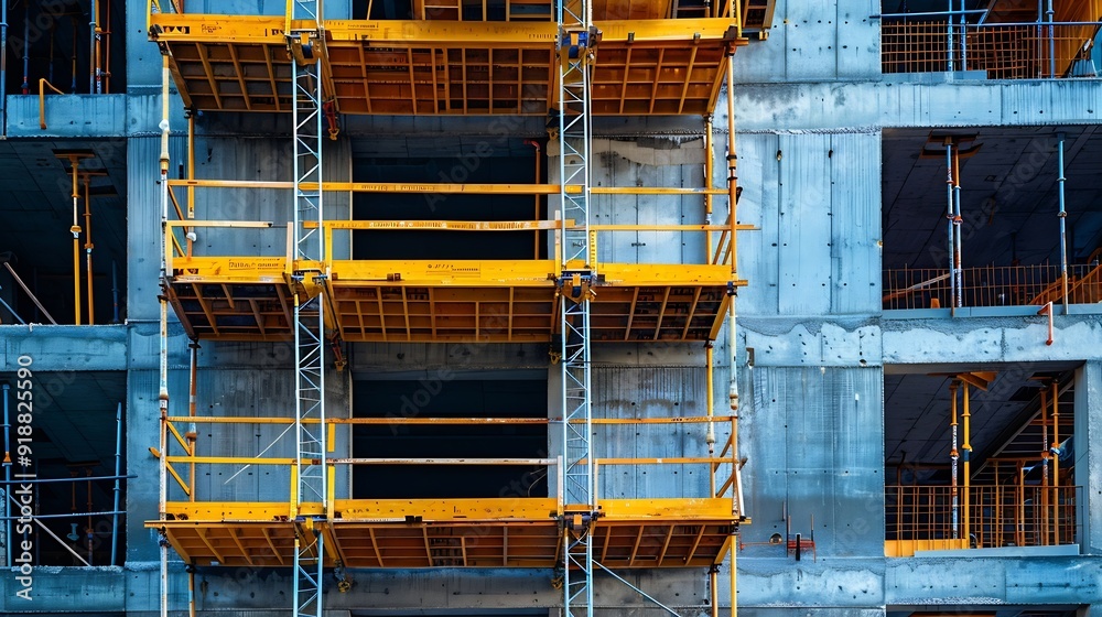 Construction building site with framework railing guard walkway on the ...