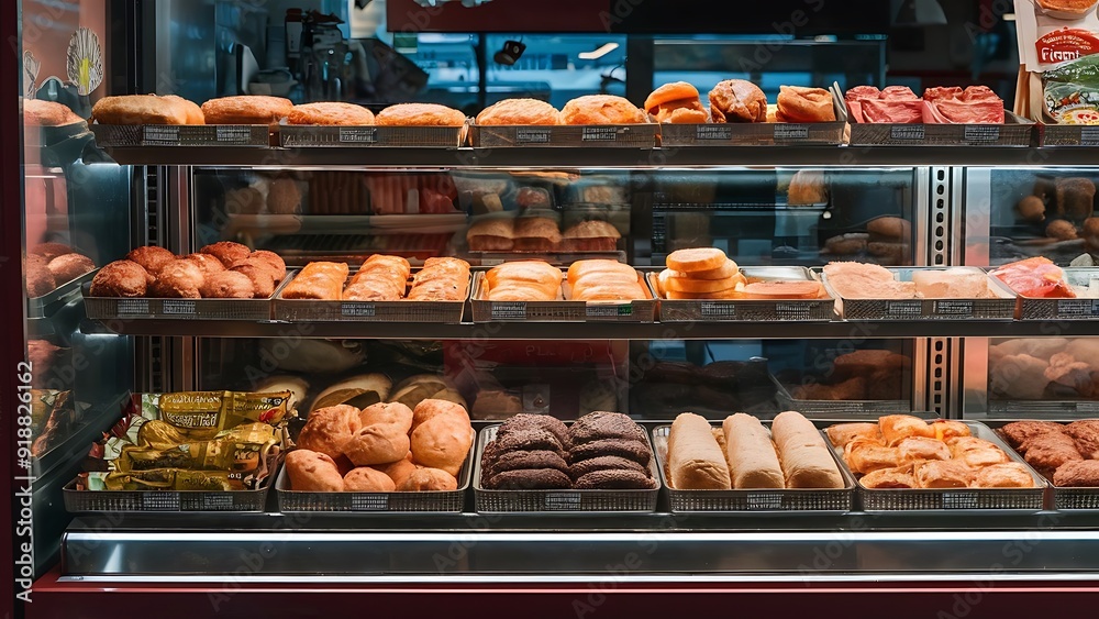 Street food. pastries and various vegan snacks in of a street shop ...