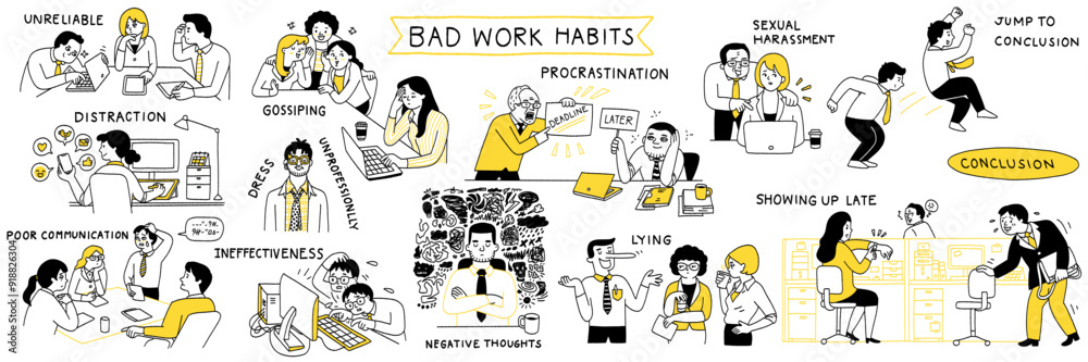 Cute character illustration doodles of office workers with bad habits ...