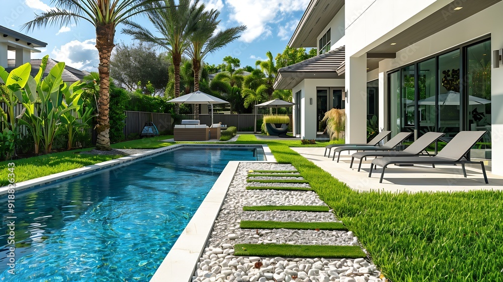 Florida USA September Backyard of a modern house with swimming pool ...