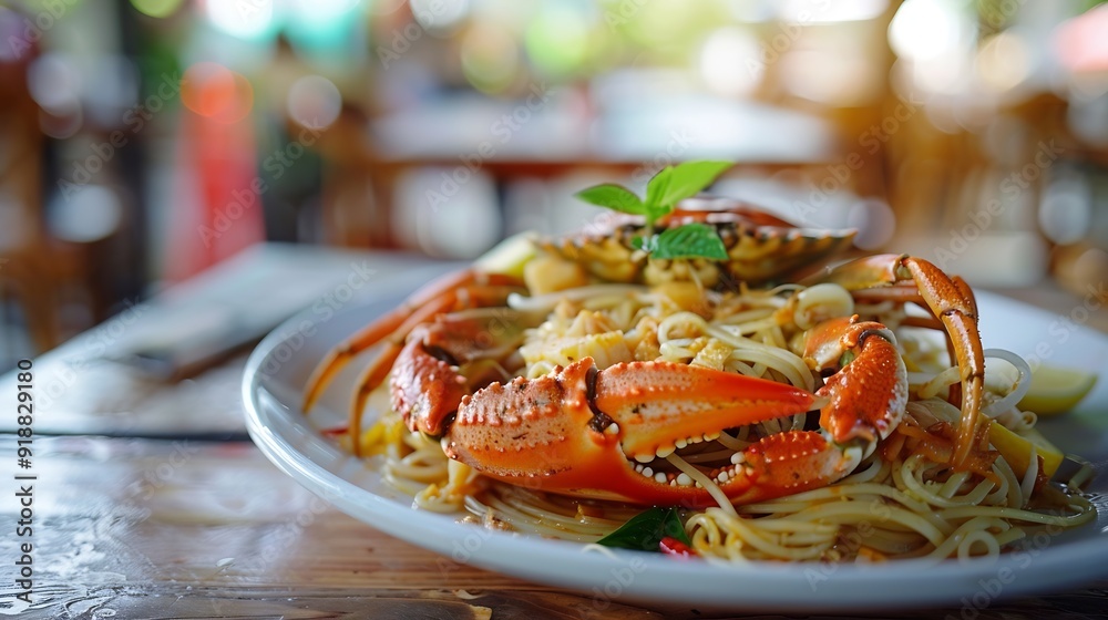 Thai style green curry coconut creamy spaghetti deep fried soft shell ...
