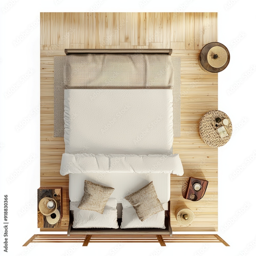 Top down view, 3D Render of a guest room with a low platform bed, floor ...