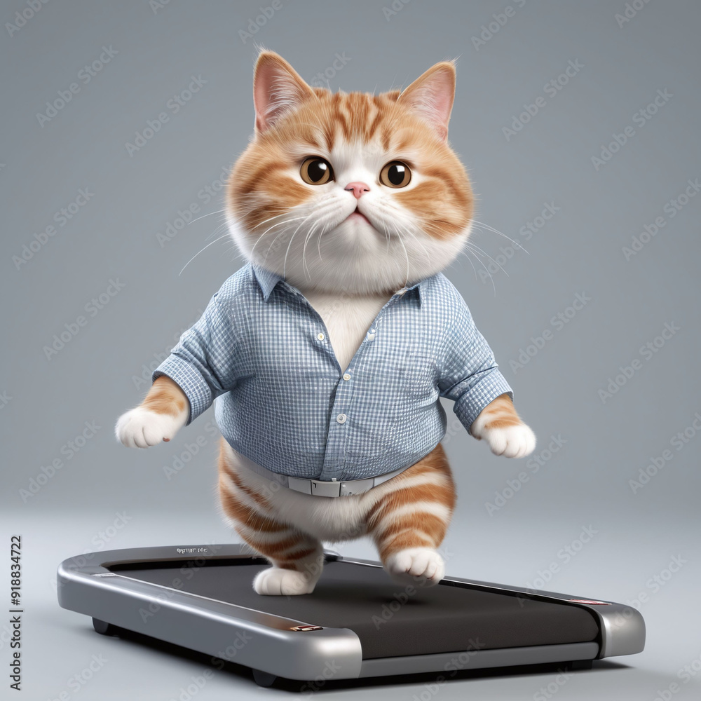 Overweight cat working out on treadmill wear work shirt, to shed pounds ...