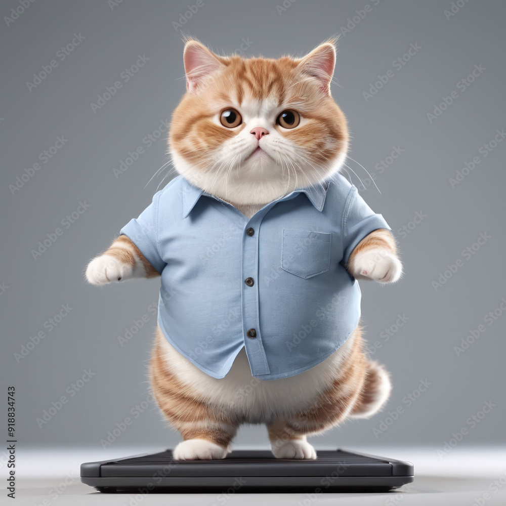 Overweight cat working out on treadmill wear work shirt, to shed pounds ...