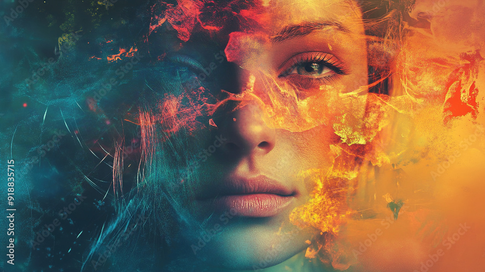 A digitally enhanced image features a woman's face superimposed with ...