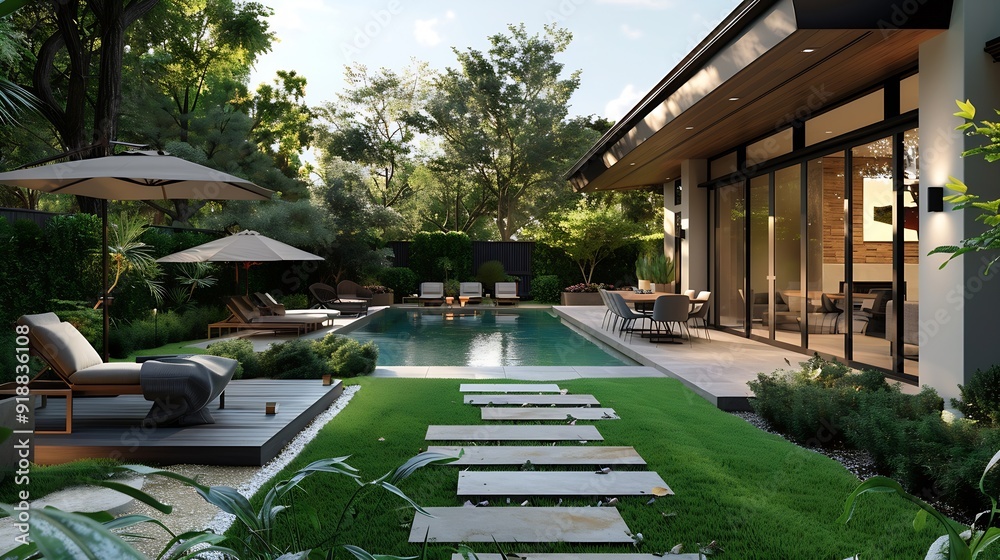 Florida USA September Backyard of a modern house with swimming pool ...