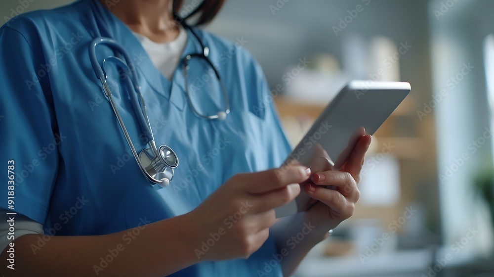Closeup of nurse using a tablet at clinic reading a patient report ...