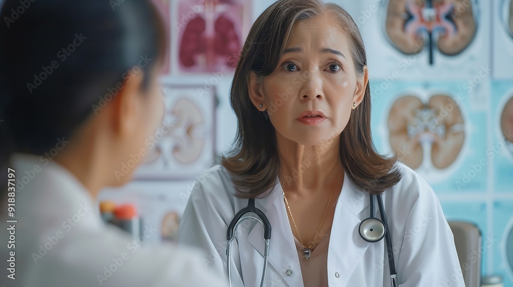 Caucasian woman and elderly Asian woman discuss kidney model issues ...