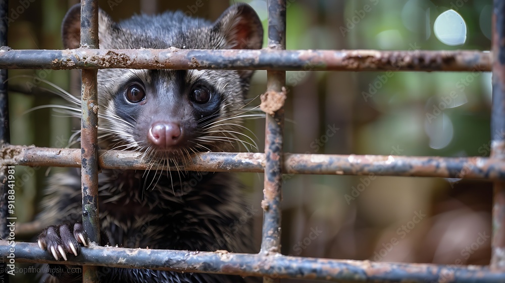 Closeup pandanus civet or weasel in cage Civet cat animal in captivity ...