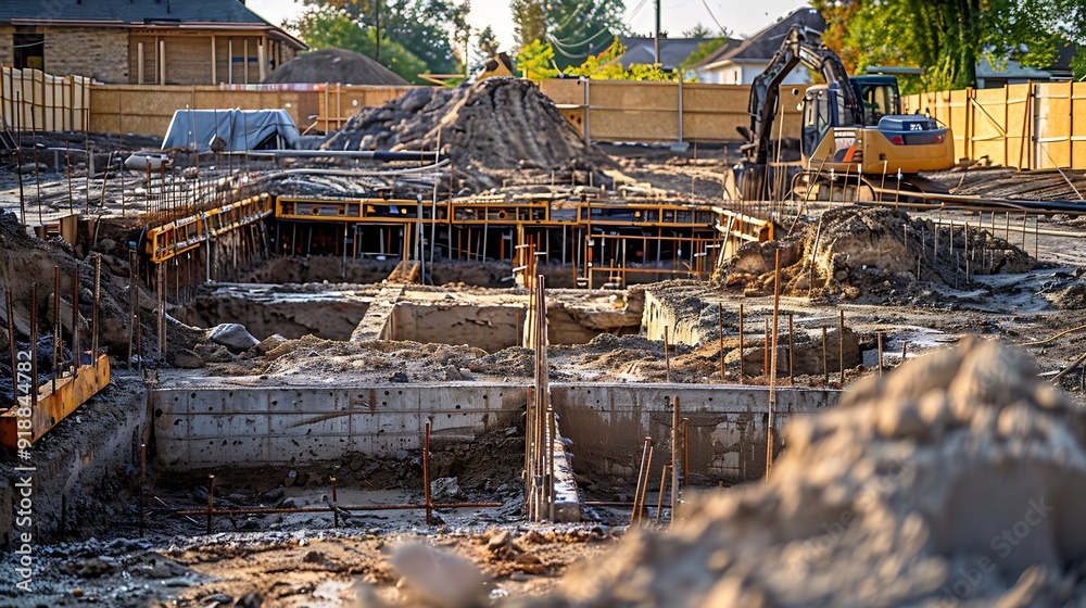 Construction site with concrete foundation and drainage system being ...